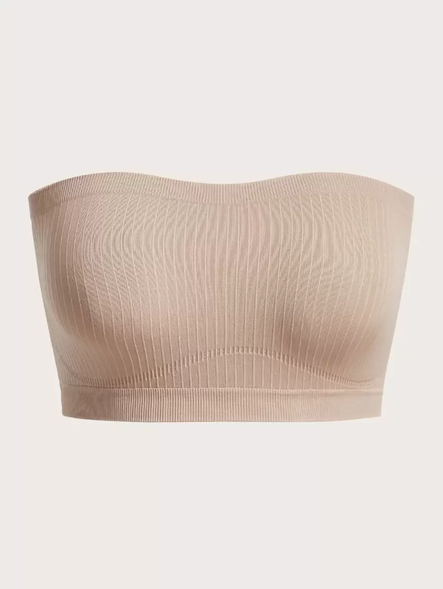 Plus Size Apricot Strapless Rib Knit Bandeau Bra High Stretch Seamless ...