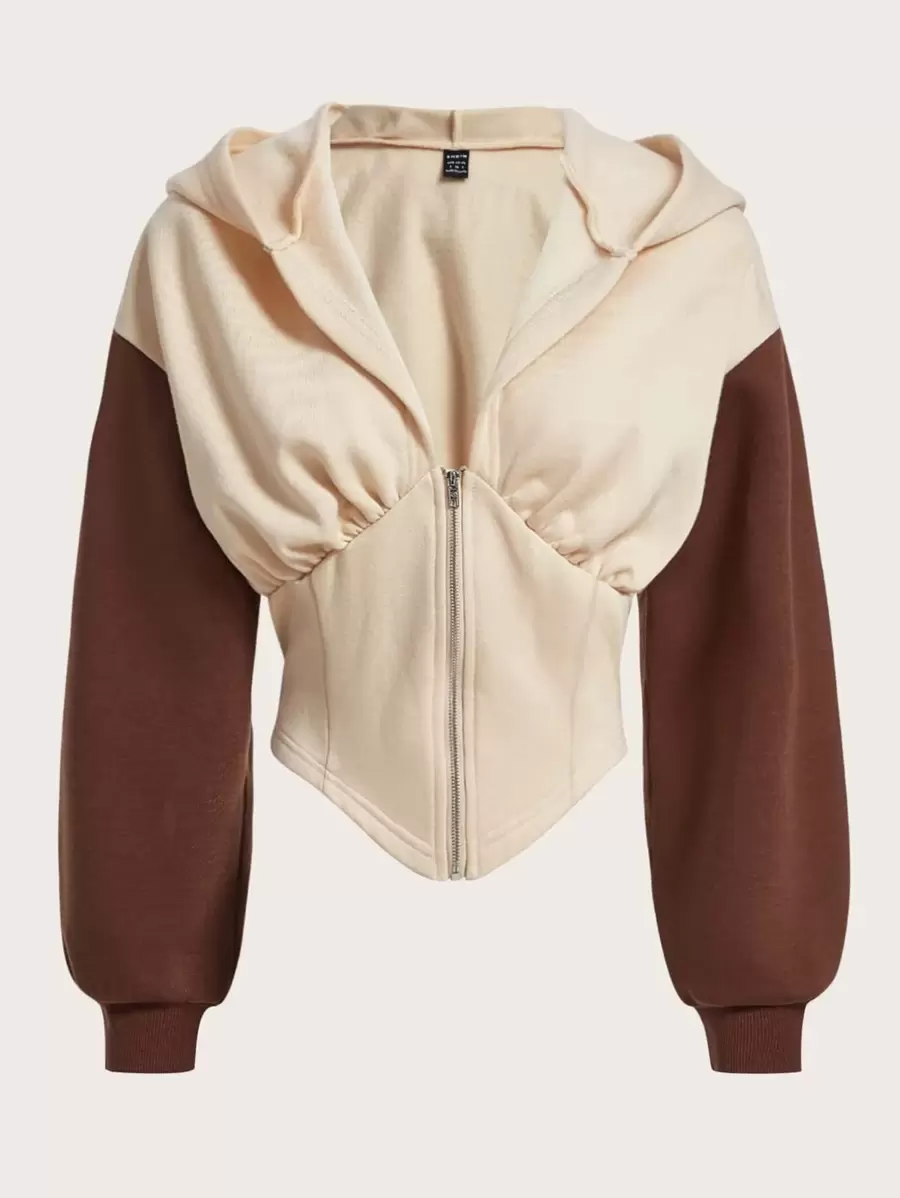 SHEIN EZwear Colorblock Zip Up Asymmetrical Hem Crop Hoodie | SHEIN USA