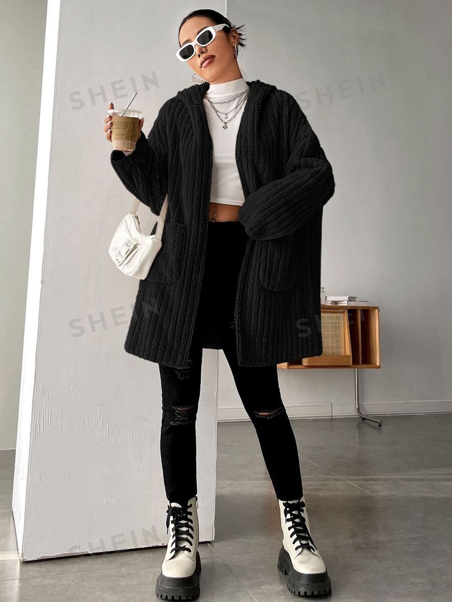 SHEIN EZwear Winter Loose And Casual Black Pitted Fluff Drop Shoulder ...