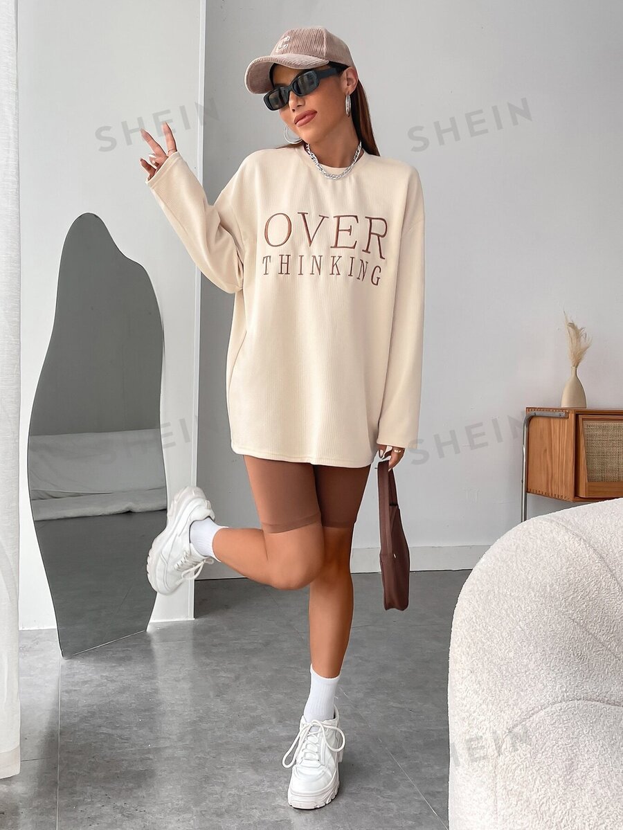 Shein Ezwear Letter Embroidery Drop Shoulder Oversized Tee Shein Usa