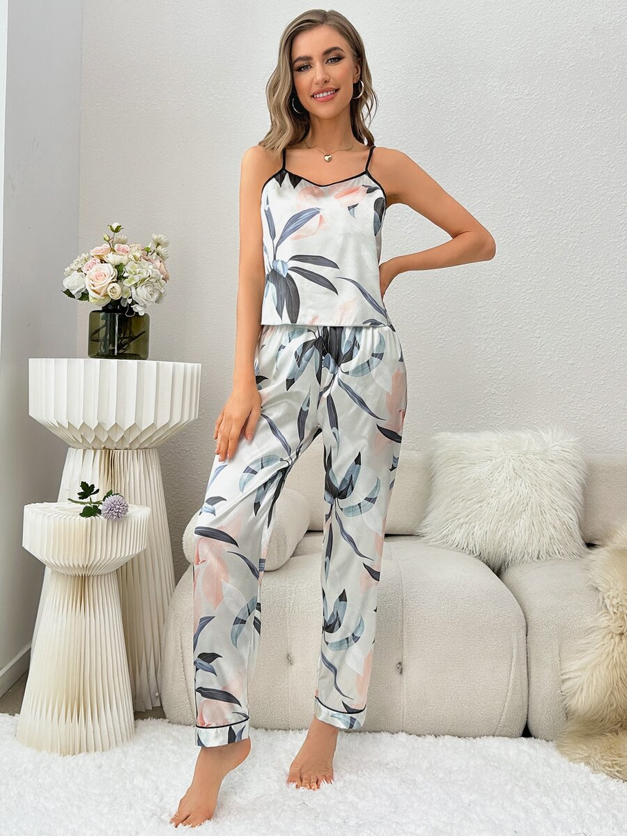 Plant Print Satin PJ Set | SHEIN USA