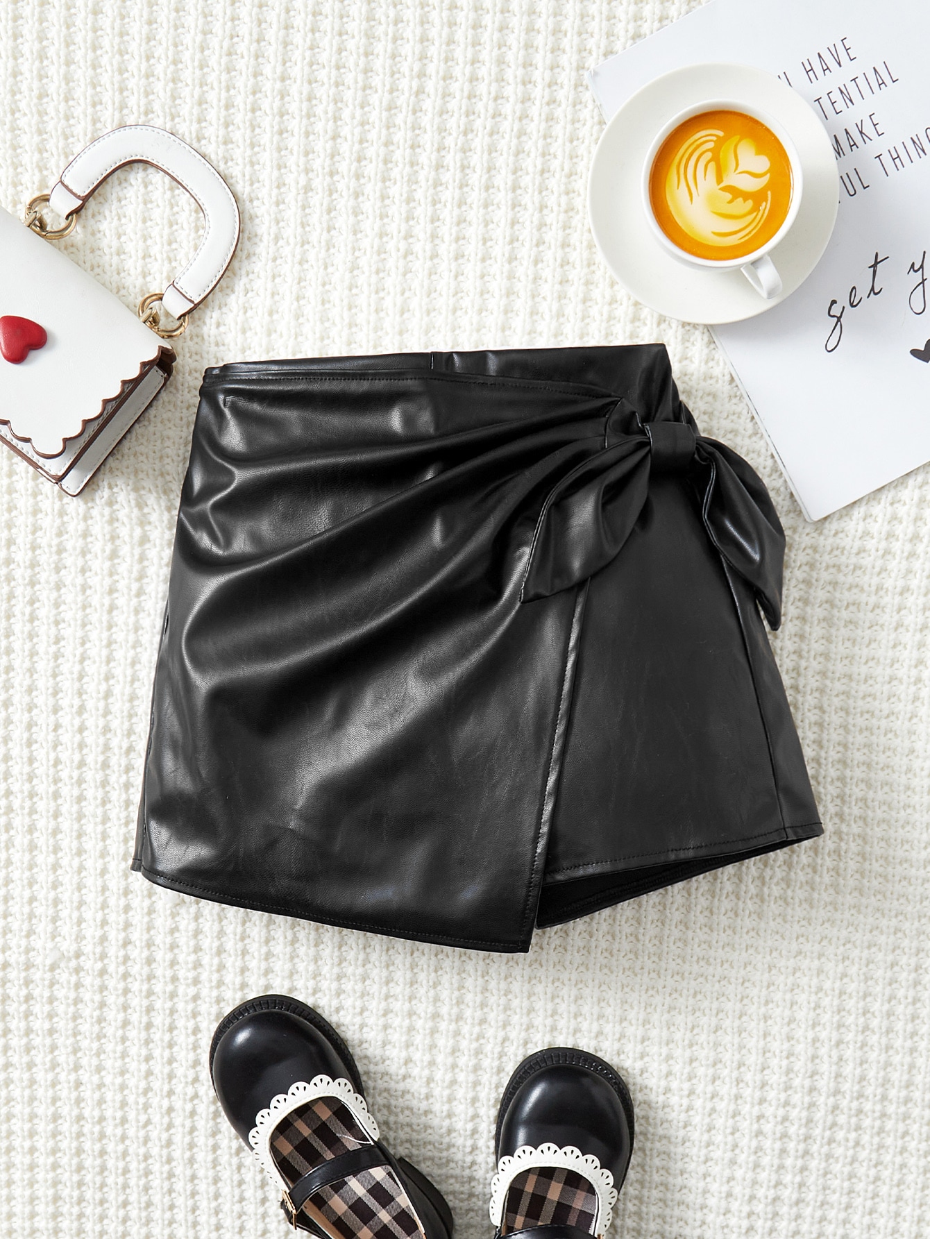 SHEIN Tween Girl Knot Side PU Leather Skort | SHEIN UK