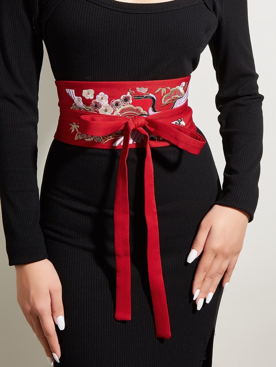 Crane & Floral Embroidered Belt | SHEIN USA