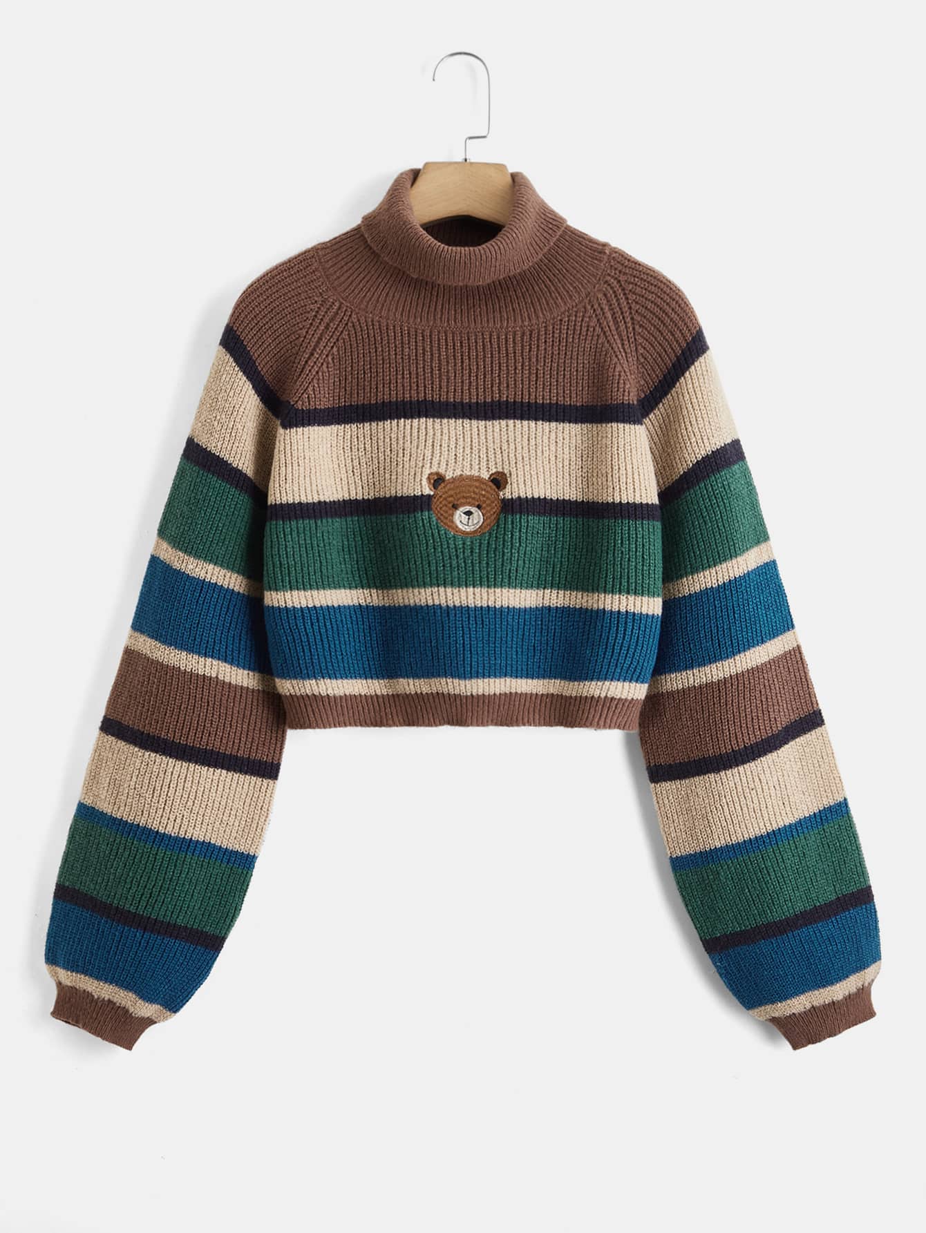 ROMWE Striped Bear Embroidery High Neck Bishop Sleeve Sweater