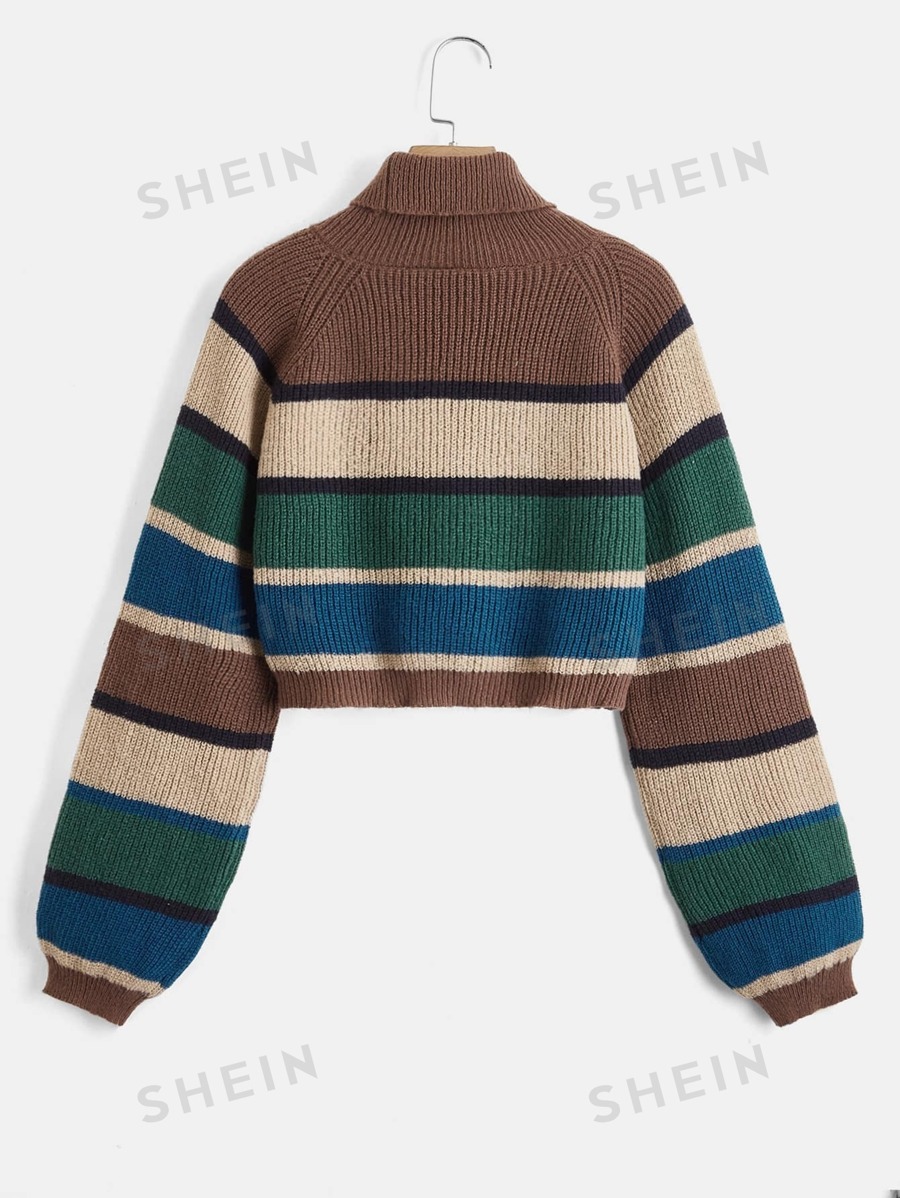 ROMWE Kawaii Striped Bear Embroidery High Neck Bishop Sleeve Sweater ...