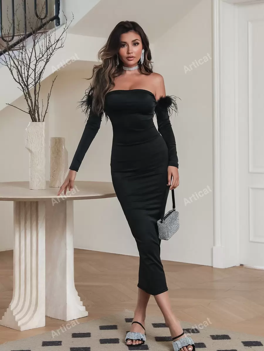 Off Shoulder Fuzzy Trim Bodycon Dress | SHEIN EUR