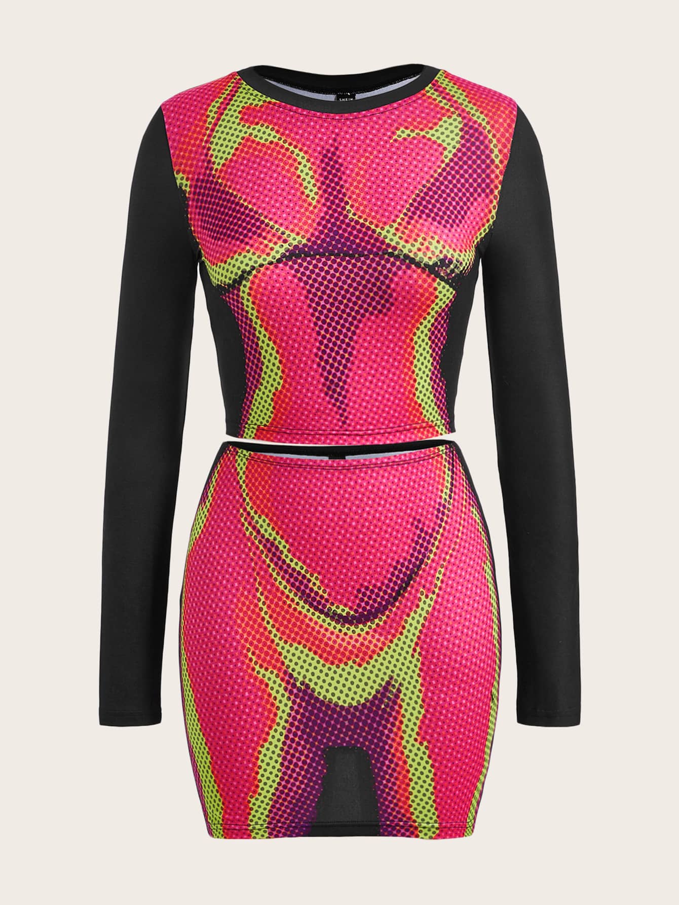 SHEIN ICON Top Cortado Estampa Mapa de Body Heat & Saia Bodycon | SHEIN PT
