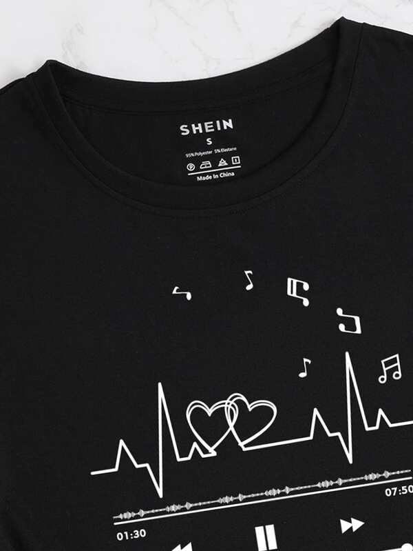 SHEIN Essnce Music Note And Heart Print Tee | SHEIN UK