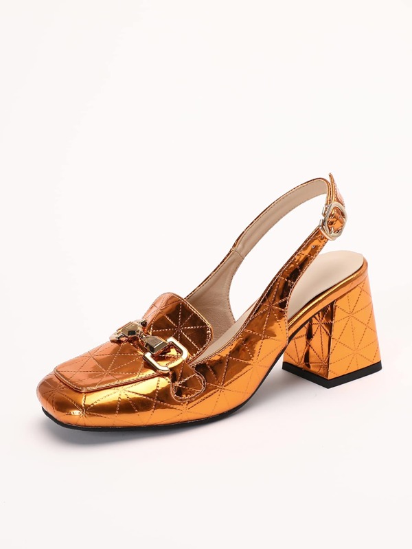 Geometric Embossed Snaffle Decor Square Toe Chunky Heeled Slingback Pumps Shein Usa