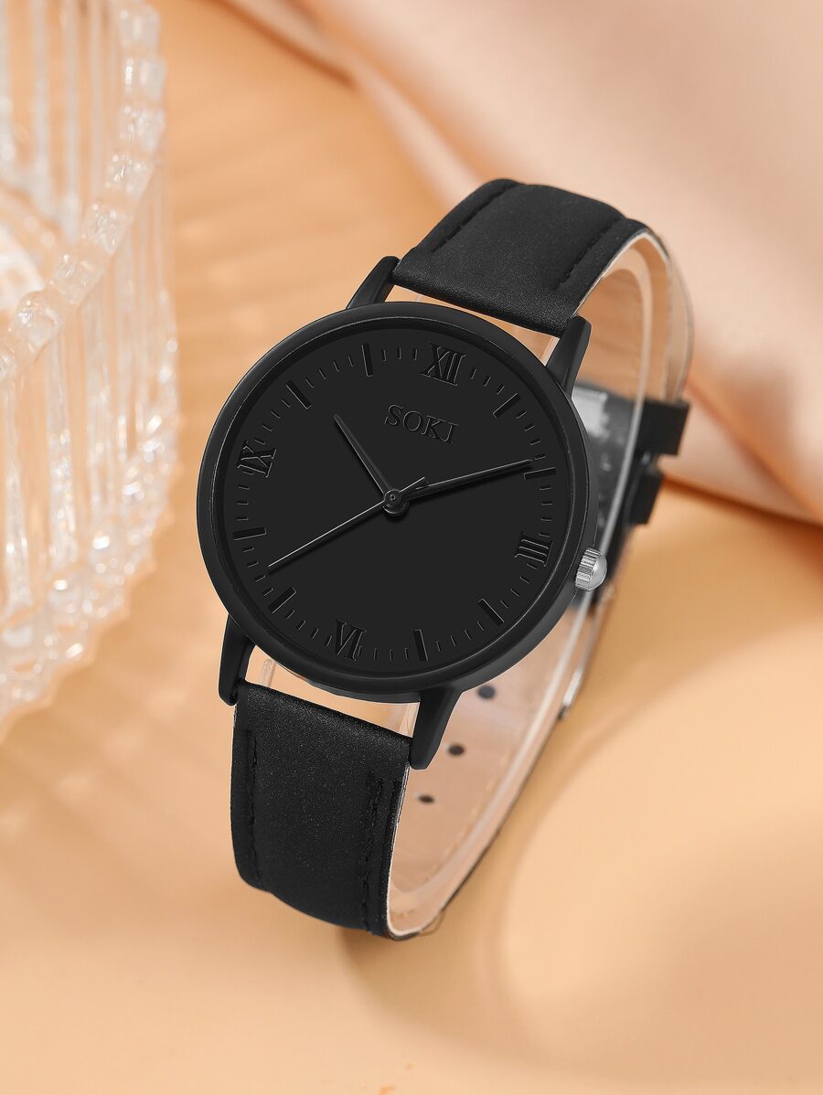 1pc Black PU Polyurethane Strap Fashion Round Dial Quartz Watch & 1pc ...