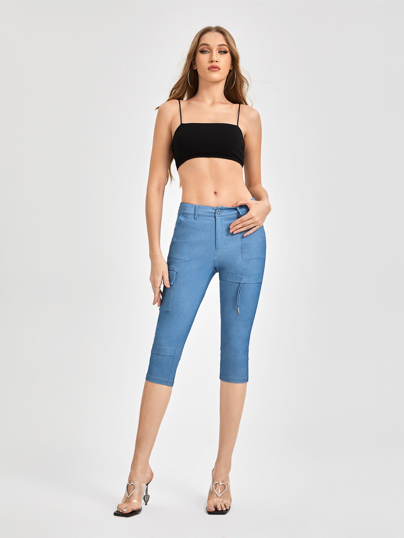 GD GRL BHVIOR Flap Pocket Capri Skinny Capri Pants | SHEIN USA
