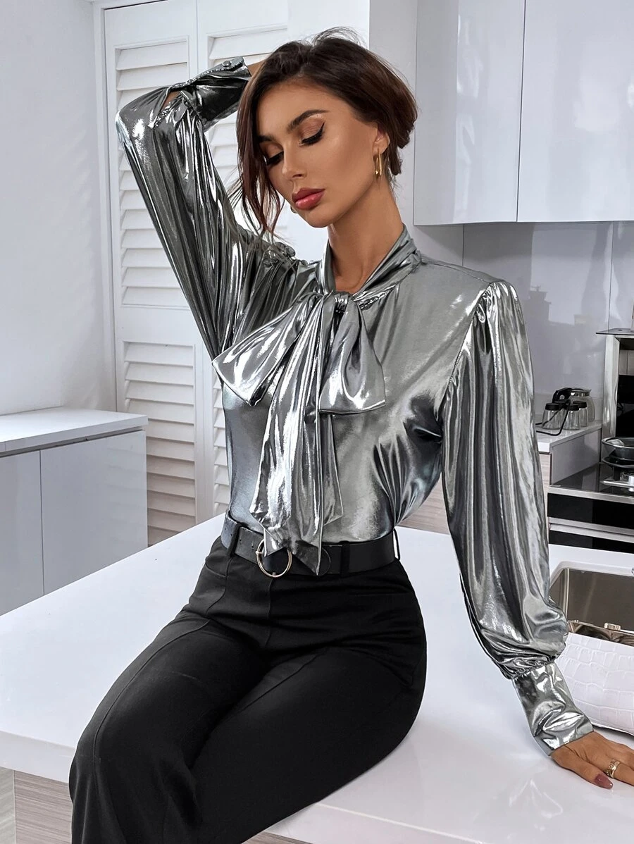SHEIN Essnce Tie Neck Bishop Sleeve Metallic Blouse | SHEIN UK