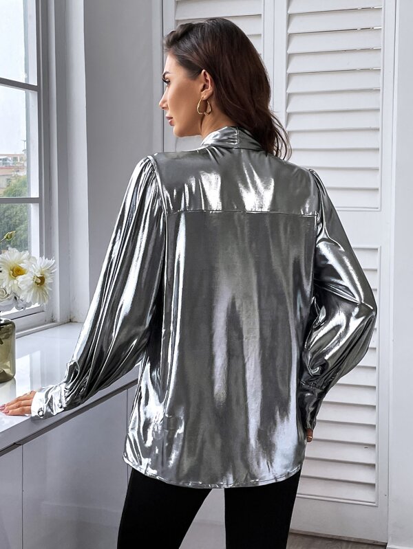 SHEIN Essnce Tie Neck Bishop Sleeve Metallic Blouse | SHEIN UK