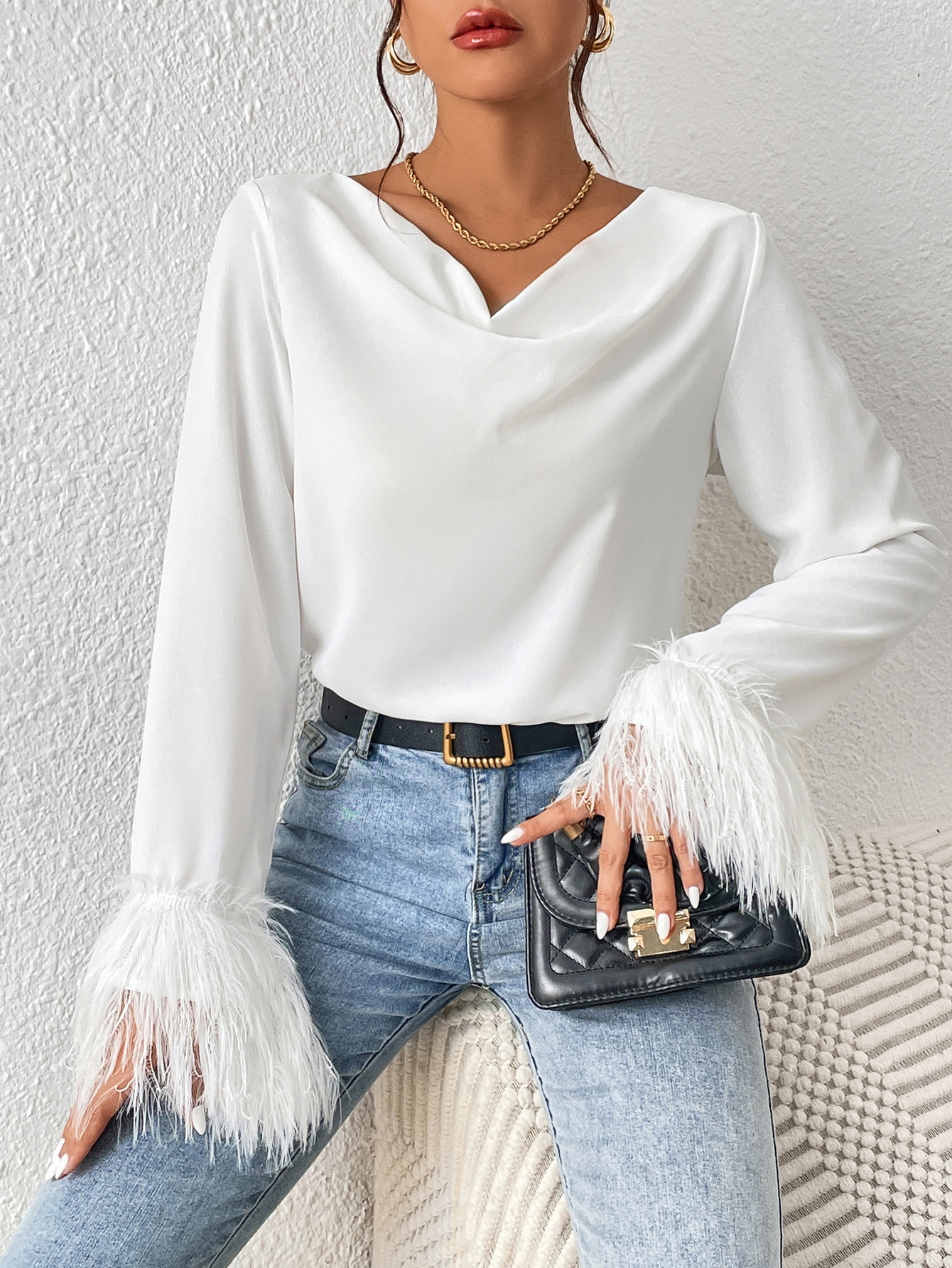 SHEIN Frenchy Draped Collar Fuzzy Cuff Blouse | SHEIN USA
