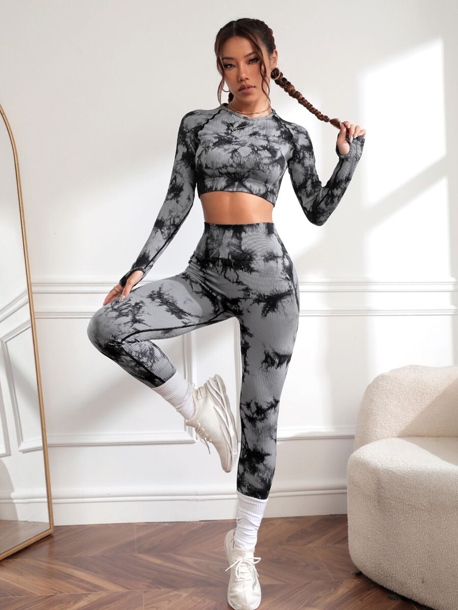 Yoga Trendy Tie Dye Raglan Sleeve Sports Set workout set | SHEIN UK