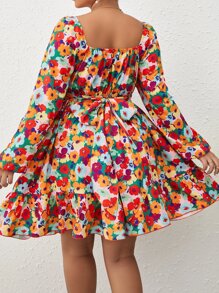Breezaya Plus Allover Floral Print Sweetheart Neck Lantern Sleeve Ruffle Hem Dress | SHEIN USA