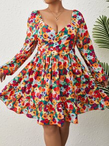 Breezaya Plus Allover Floral Print Sweetheart Neck Lantern Sleeve Ruffle Hem Dress | SHEIN USA
