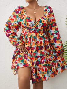 Breezaya Plus Allover Floral Print Sweetheart Neck Lantern Sleeve Ruffle Hem Dress | SHEIN USA