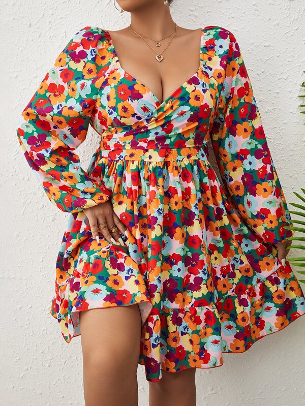 SHEIN VCAY Plus Allover Floral Print Sweetheart Neck Lantern Sleeve Ruffle Hem Dress | SHEIN USA