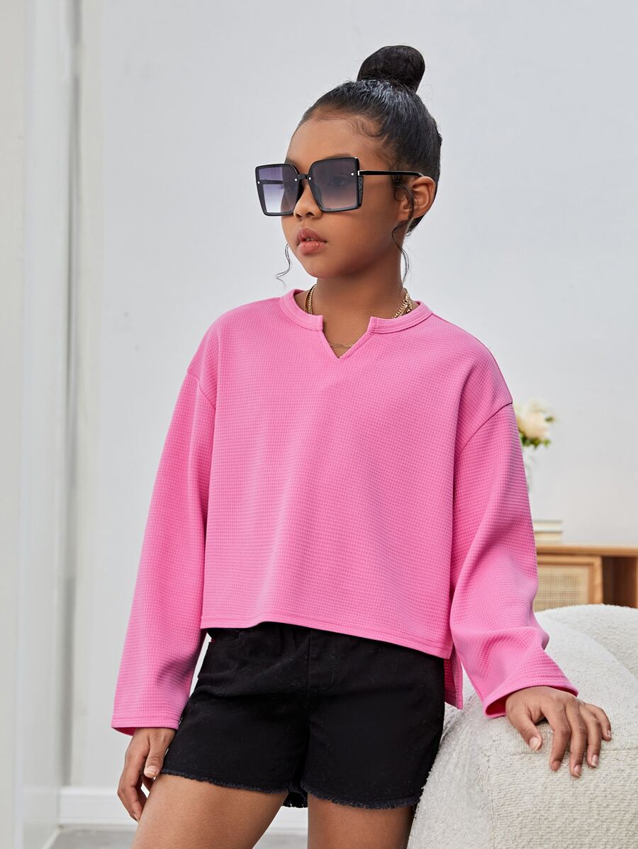 SHEIN Tween Girl Notched Neck Drop Shoulder High Low Hem Tee | SHEIN USA