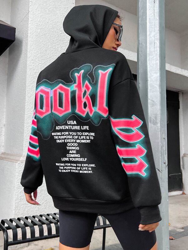 Slogan Graphic Kangaroo Pocket Drop Shoulder Hoodie Shein Uk