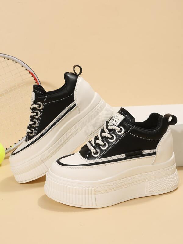 Patch Detail Lace-up Front Wedge Sneakers, Women's Wedge Heel Thick ...