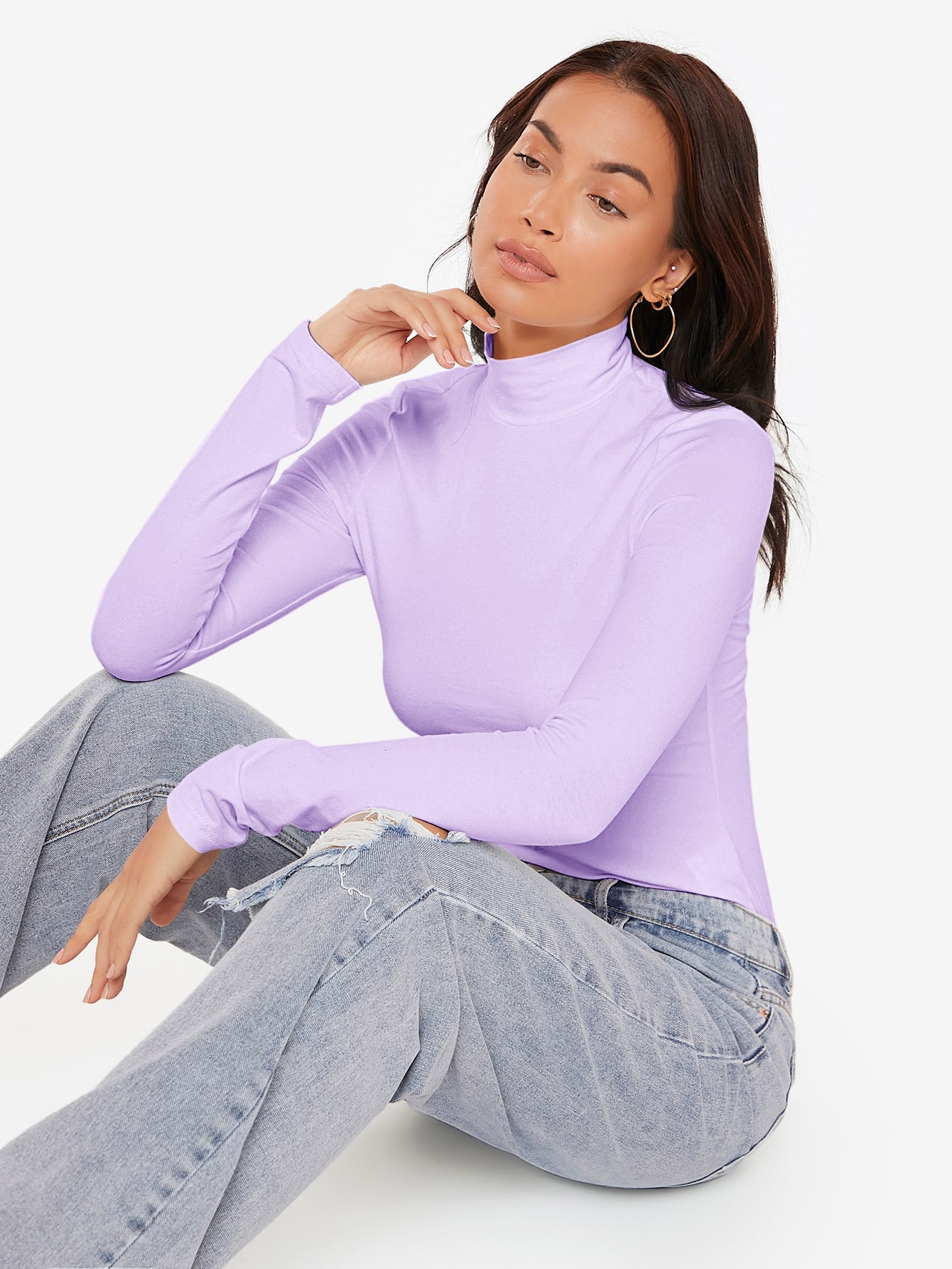 Shein Basics Cotton High Neck Rib Knit Form Fitted Tee Shein Usa