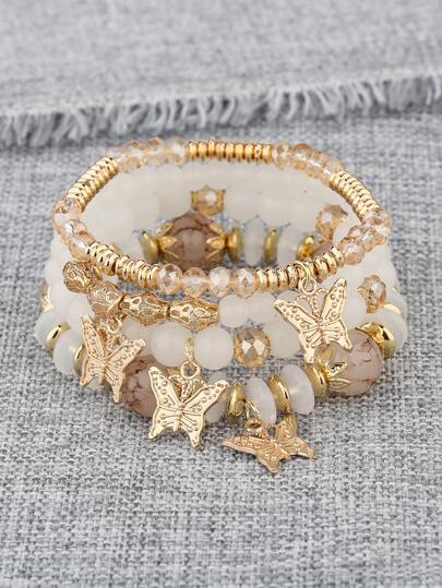 4pcs Butterfly Charm Beaded Bracelet | SHEIN UK