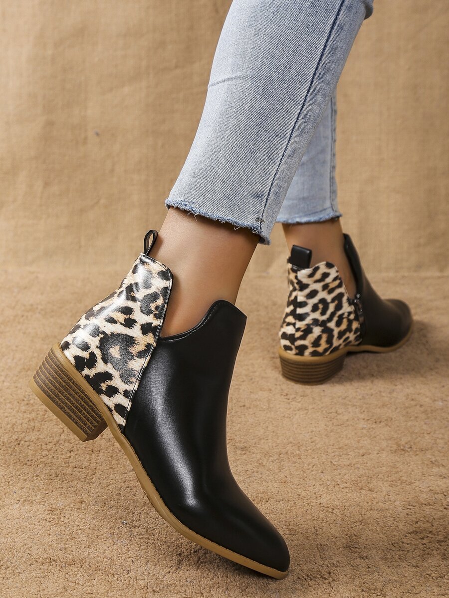 Bottes Courtes Noir Élégant Léopard Style Américain Avec À Bout Pointu ...