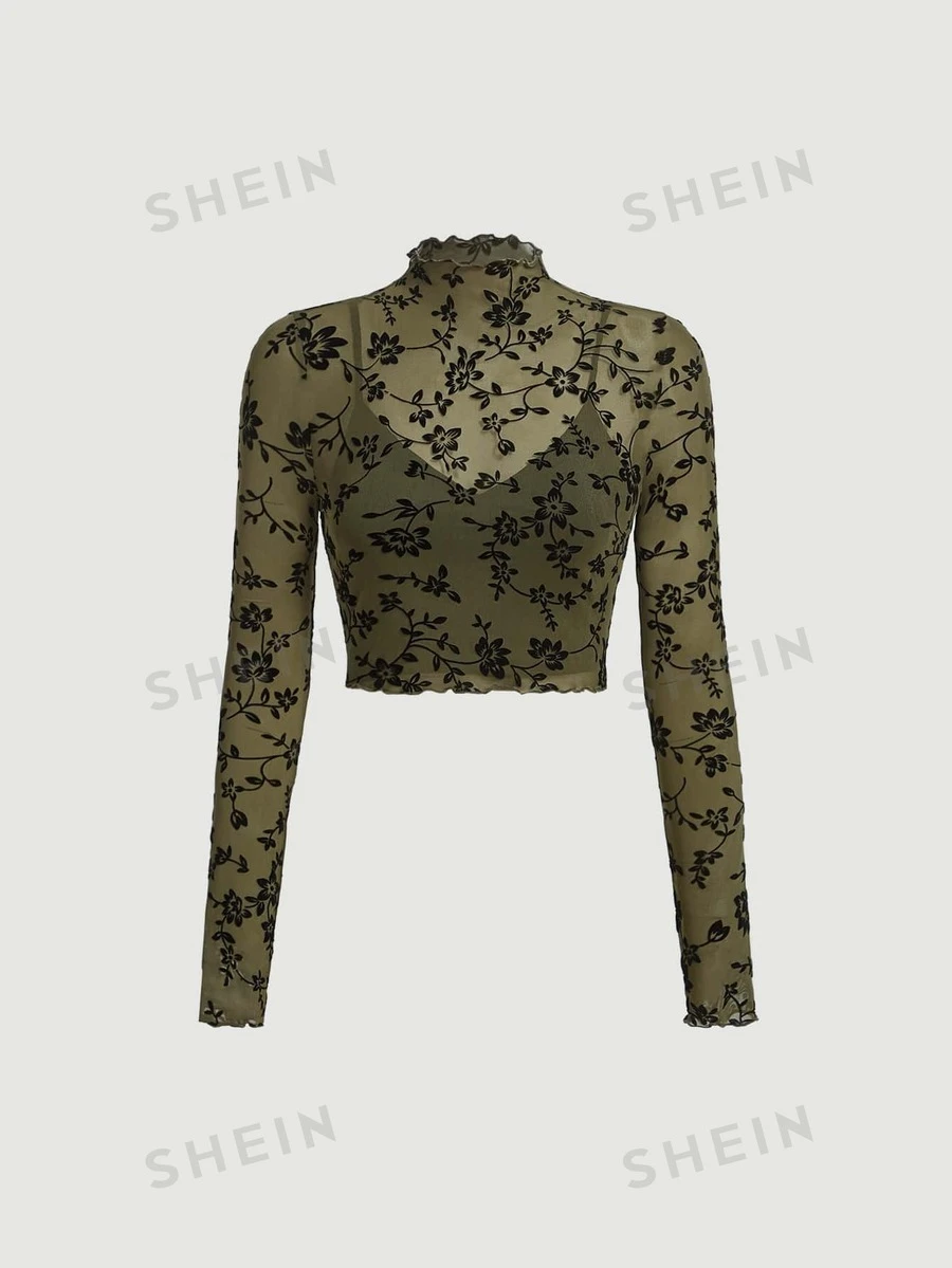 SHEIN MOD Floral Print Lettuce Trim Mesh Top With Cami | SHEIN UK