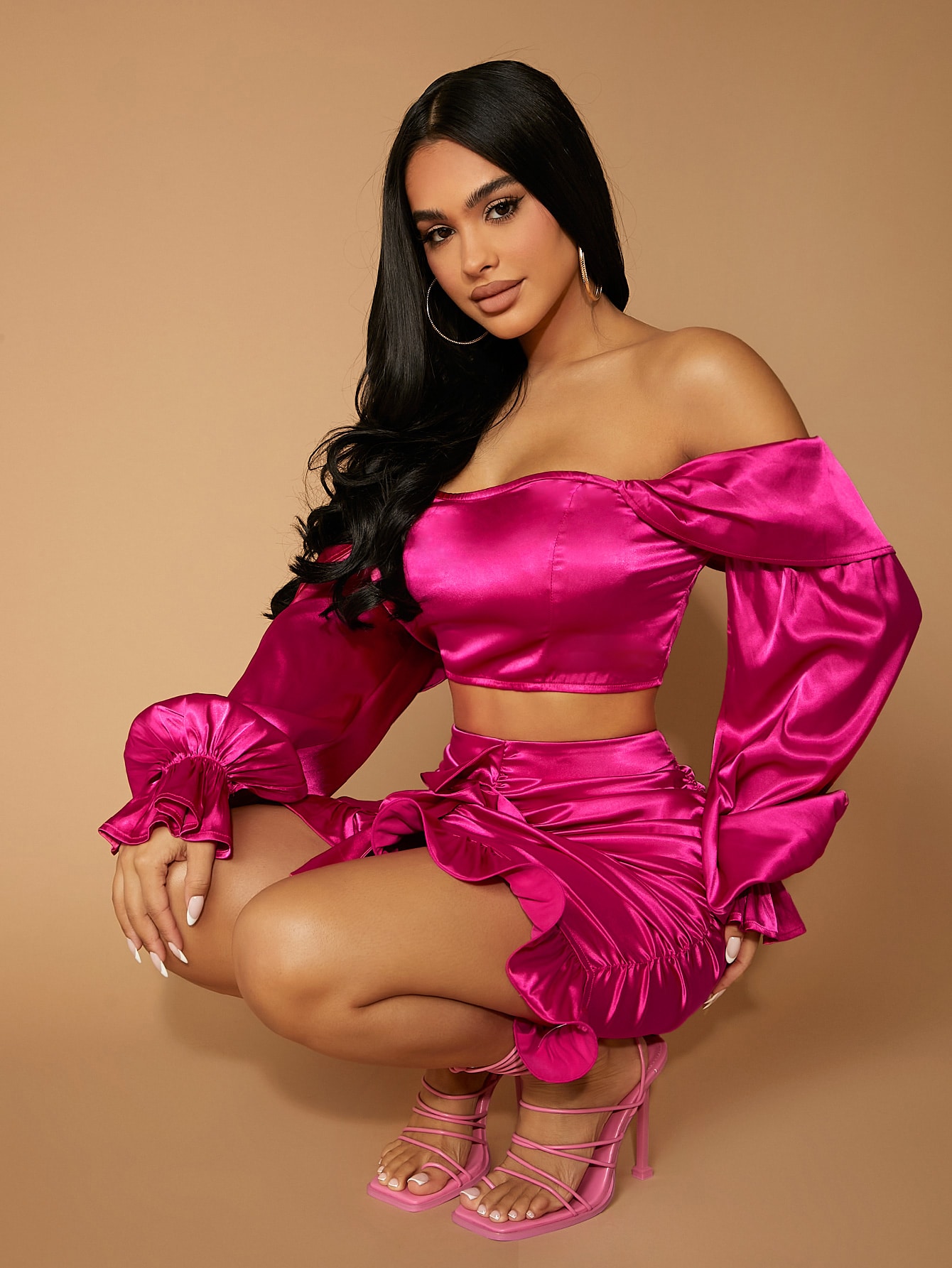 Shein Sxy Top Crop De Hombros Descubiertos De Manga Con Volante De