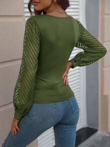 SHEIN Privé Contrast Chevron Mesh Surplice Neck Top | SHEIN USA