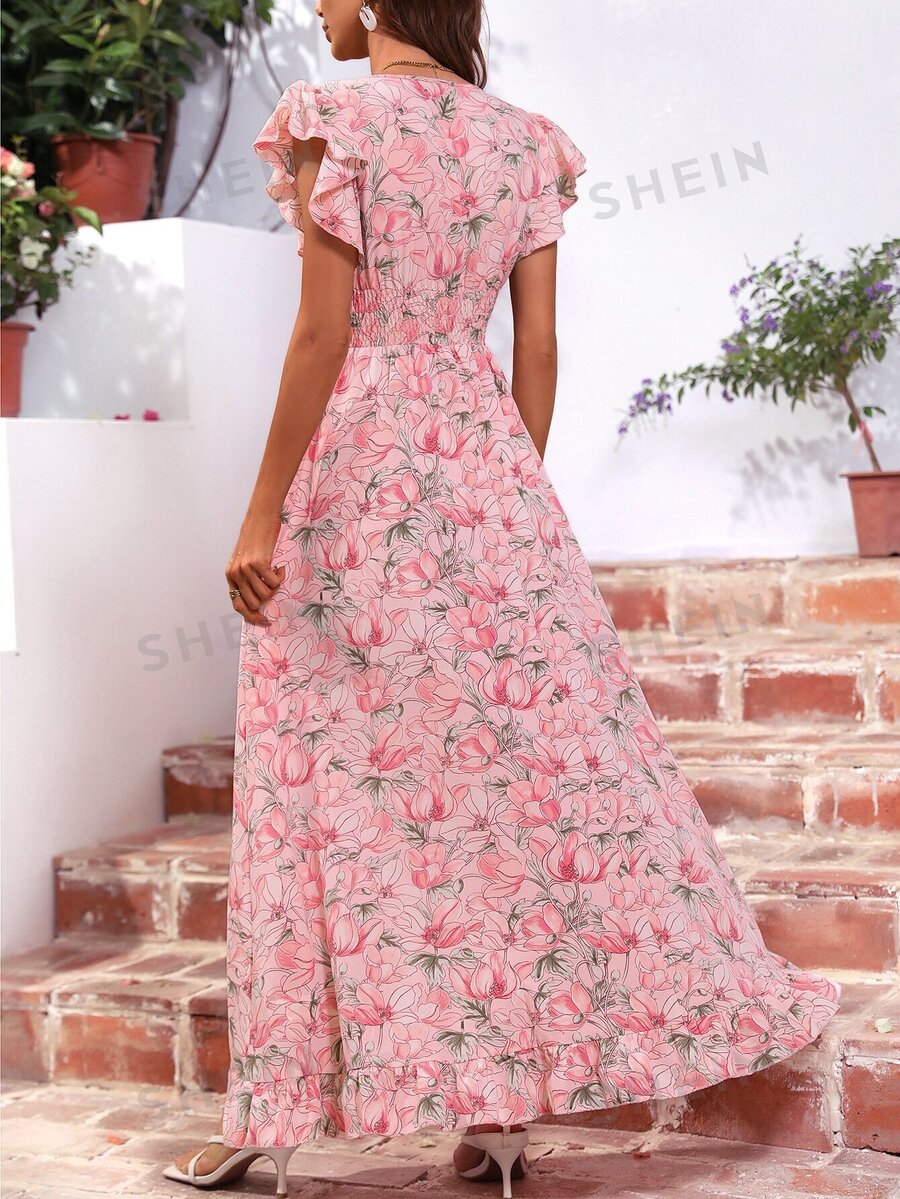 SHEIN VCAY Floral Print Shirred Waist Butterfly Sleeve Ruffle Trim Wrap Hem Dress | SHEIN USA