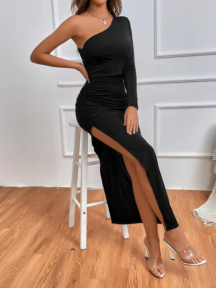 SHEIN Privé One Shoulder Ruched Split Thigh Dress | SHEIN USA