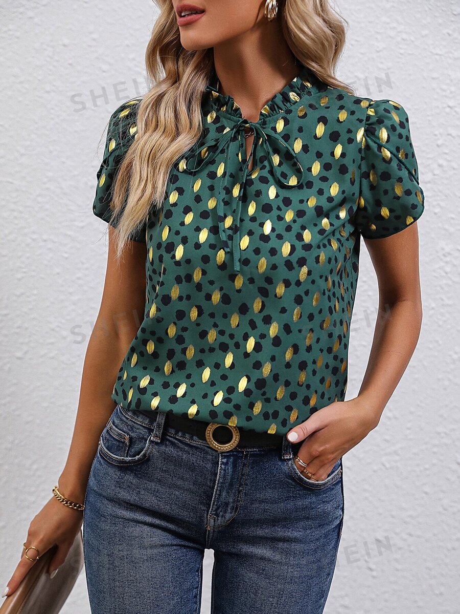 SHEIN Clasi Gold Dot Print Tie Neck Puff Sleeve Blouse | SHEIN UK