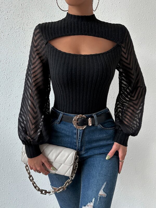 SHEIN Privé Cut Out Front Mock Neck Contrast Mesh Lantern Sleeve Top ...