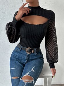 SHEIN Privé Cut Out Front Mock Neck Contrast Mesh Lantern Sleeve Top ...