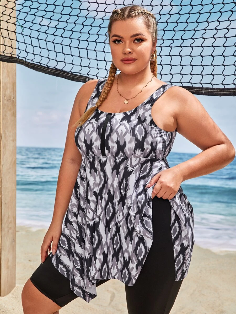 SHEIN Swim Curve Summer Beach Plus Size Allover Print Asymmetrical Hem ...