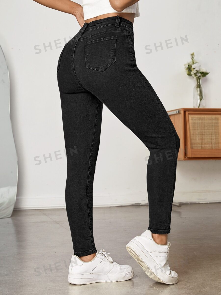 SHEIN PETITE Eenkleurig Dames jeans Knoop Zak Rits | SHEIN Nederland