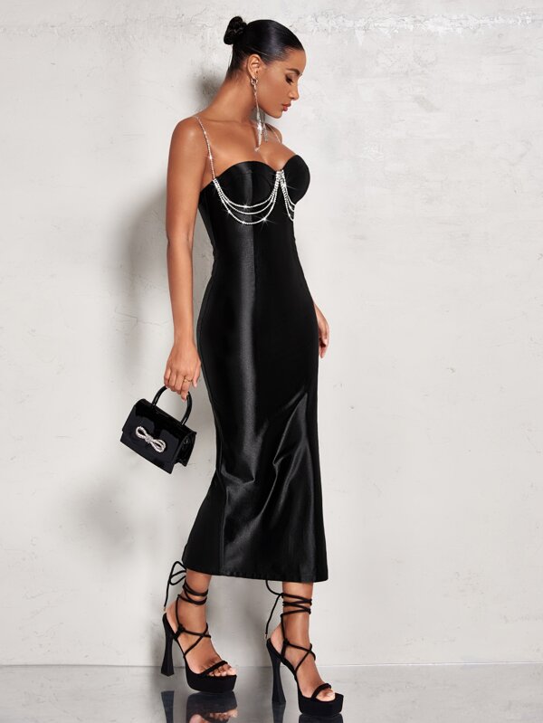 Shein Bae Rhinestone Straps Mermaid Hem Satin Cami Dress Shein Eur