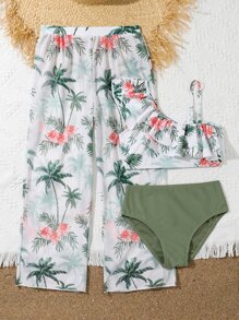 Tween Girl Tropical Print Ruffle Trim Bikini Set With Cover Up Pants ...