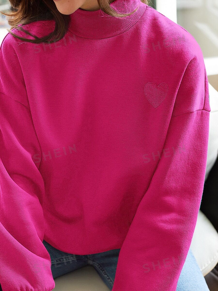 Shein Frenchy Heart Embroidery Mock Neck Drop Shoulder Pullover Shein Usa