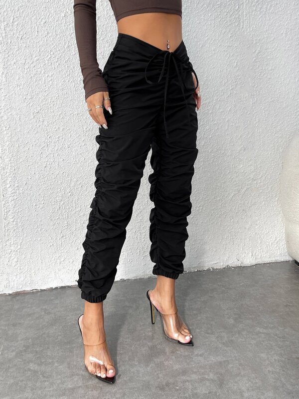 SHEIN PETITE Drawstring V-Cut Waist Ruched Stacked Pants | SHEIN USA