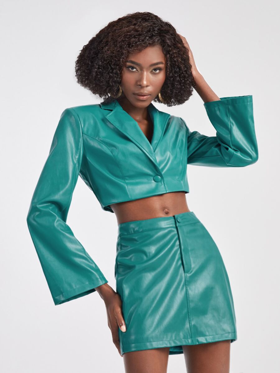 Shahedah Conjunto falda con blazer con botón crop cuero PU | Moda de ...