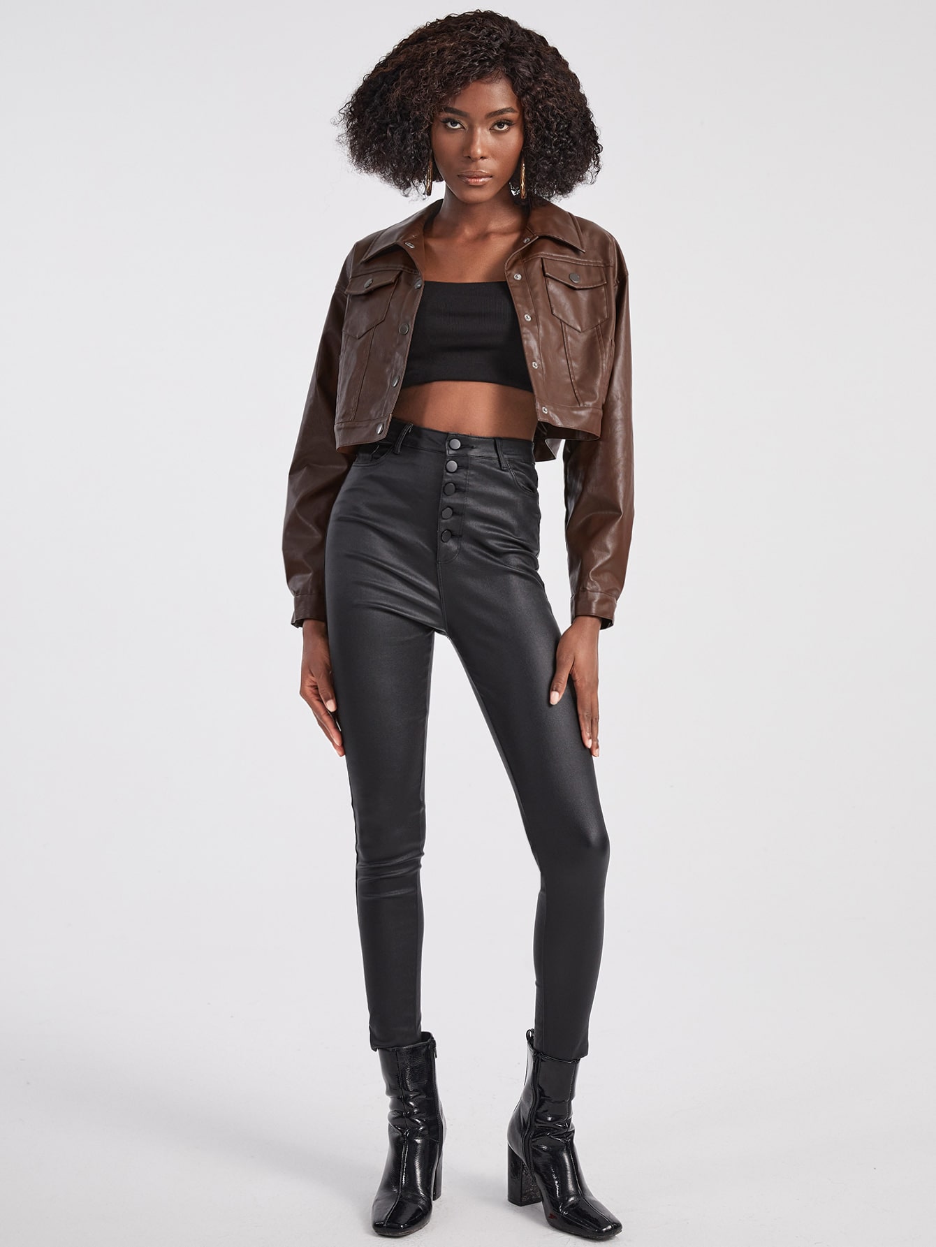 Shahedah Flap Pocket Crop PU Leather Jacket | SHEIN EUR