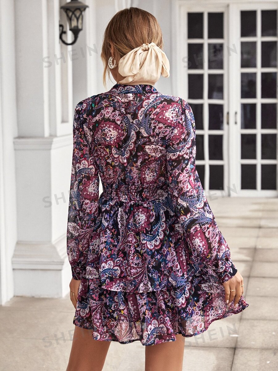 SHEIN Clasi Vestido con estampado de cuello de muesca bajo con fruncido ...