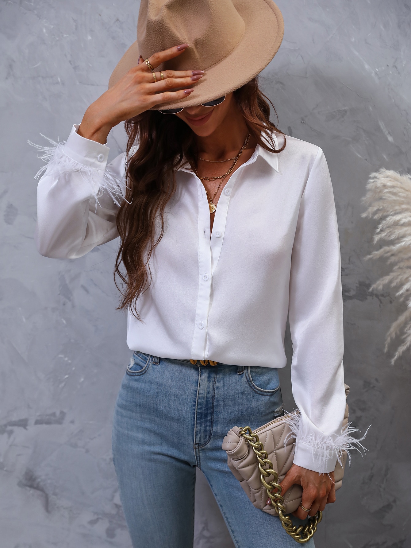 Fuzzy Cuff Satin Shirt | SHEIN UK