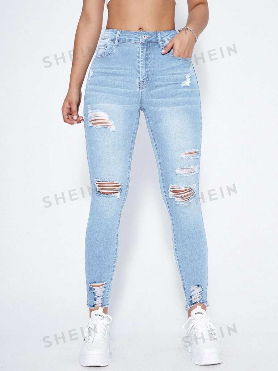 SHEIN Essnce High Waist Ripped Moustache Effect Skinny Jeans | SHEIN UK