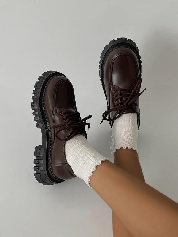 Women's Chocolate Brown College Style Monochrome Lace-up Flat Oxford ...