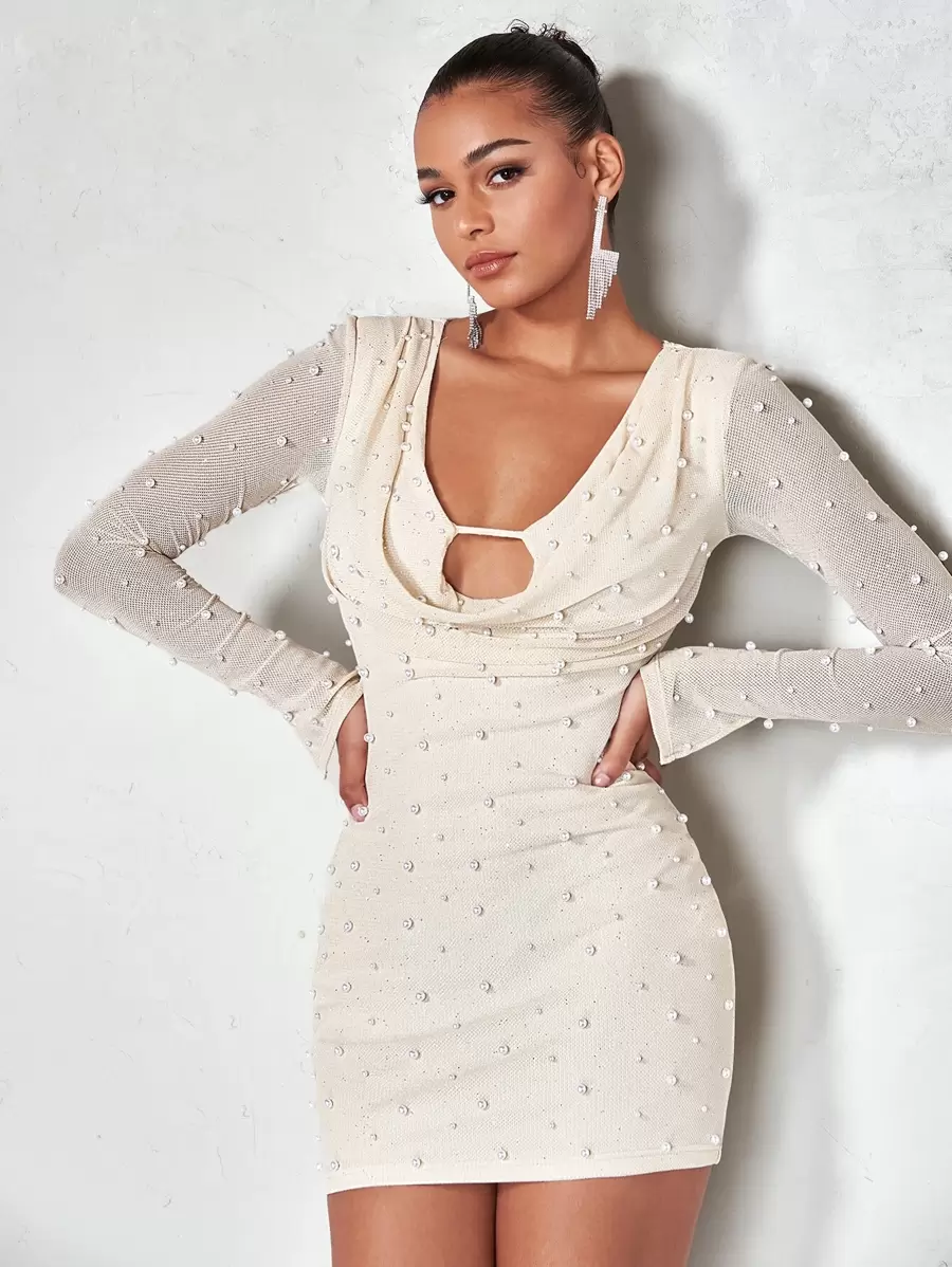 SHEIN BAE Pearls Beaded Cut Out Draped Front Split Cuff Bodycon Dress ...